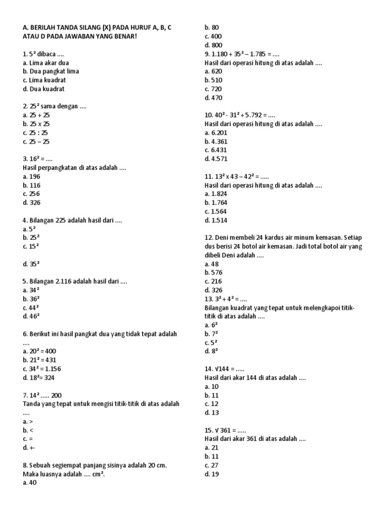 Bilangan Kuadrat Dan Akar Kuadrat Kls 4 | PDF