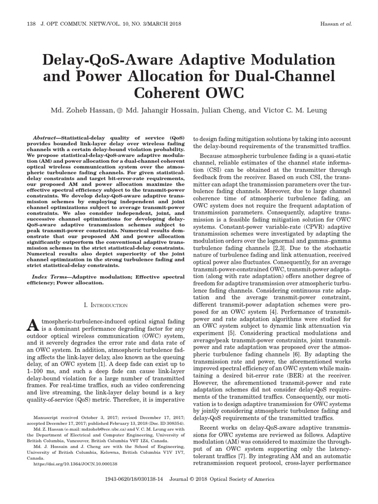 Delay-Qos-Aware Adaptive Modulation and Power Allocation For Dual-Channel Coherent Owc | PDF