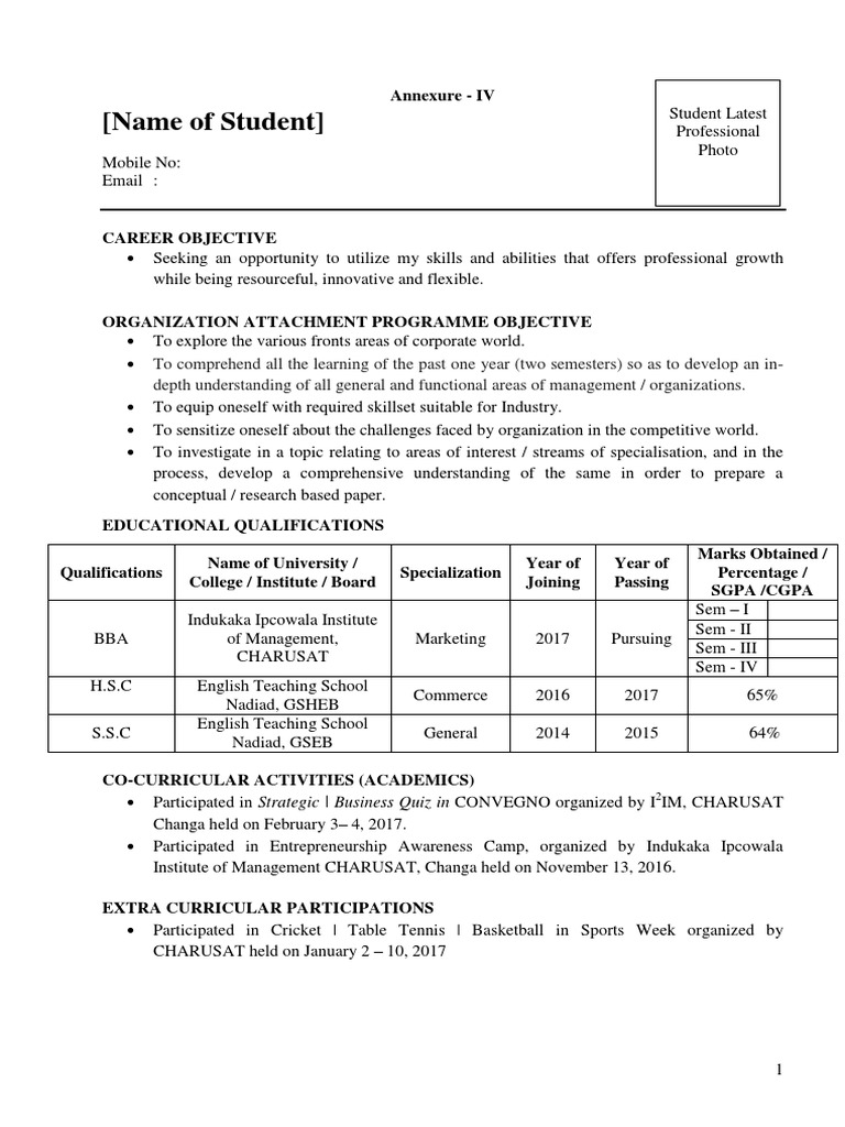 4 Annexure - IV Sample Resume PDF | PDF | Behavior Modification | Change