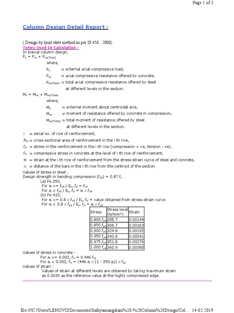 Column Design Detail Report:: (Design by Limit State Method As Per IS ...