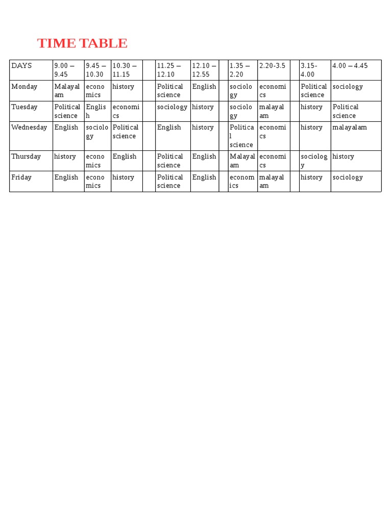 Weekly Class Schedule Timetable | PDF | History