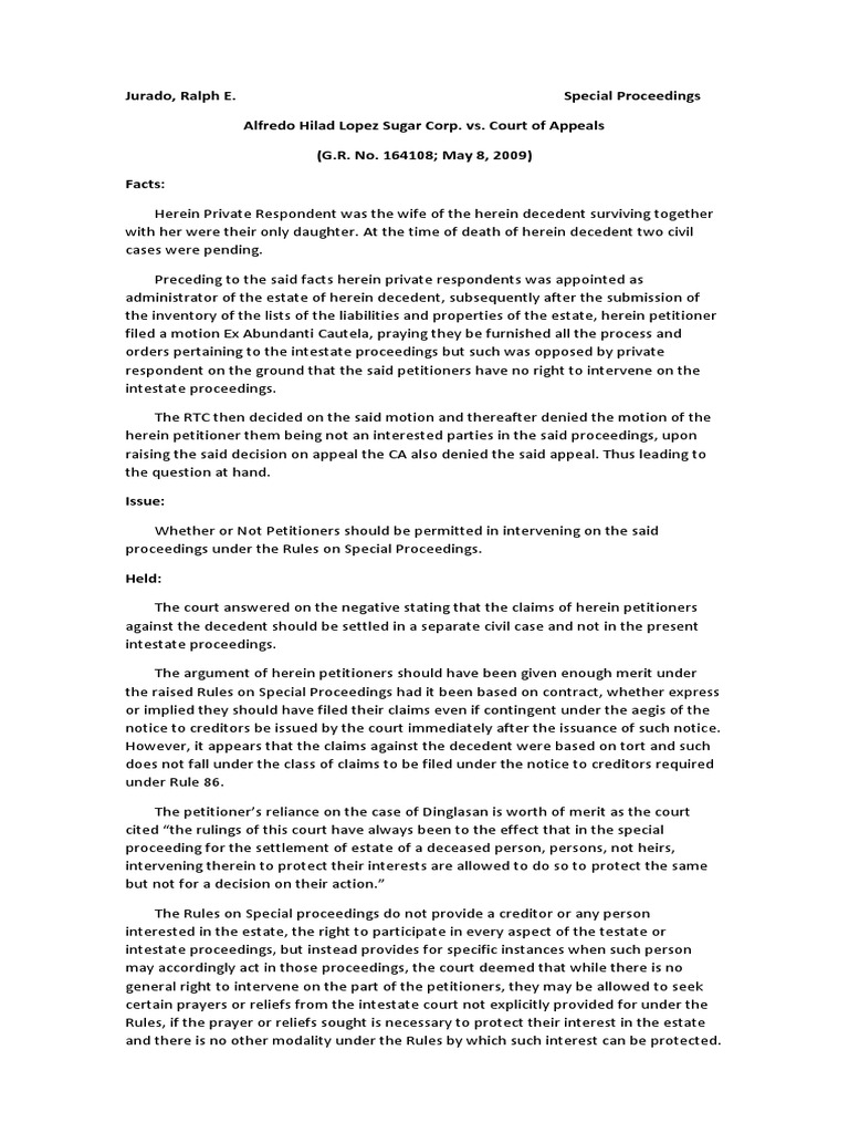 Jurado, Ralph E. Special Proceedings Alfredo Hilad Lopez Sugar Corp. vs ...