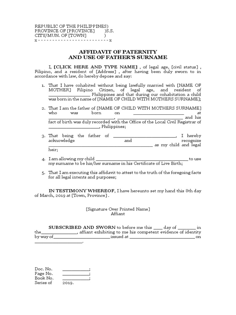 Affidavit of Paternity and Use of Father's Surname | PDF