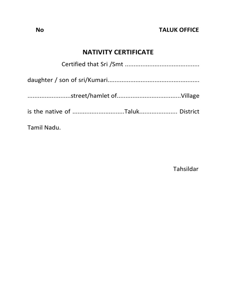 Nativity Certificate: No Taluk Office | PDF