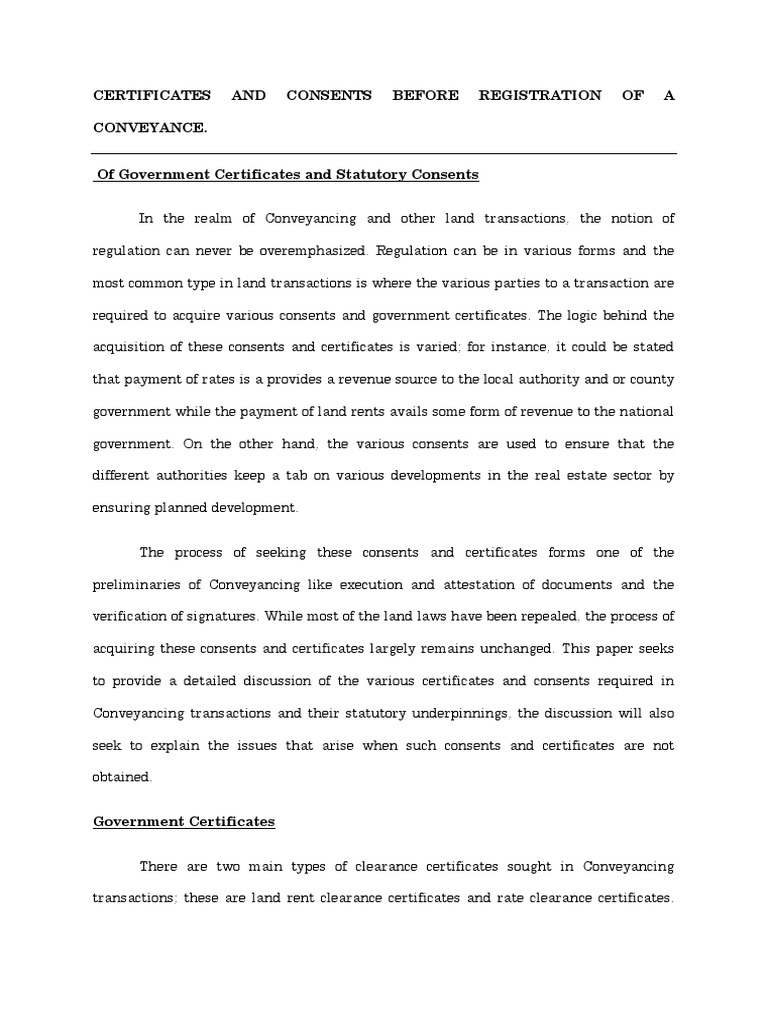 Certificates and Consents Before Registration of A Conveyance. of ...