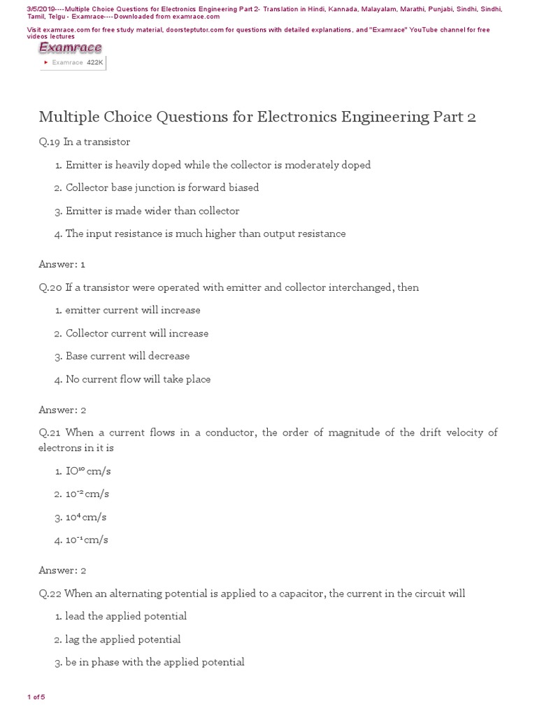 Multiple Choice Questions For Electronics Engineering Part 2 | PDF ...