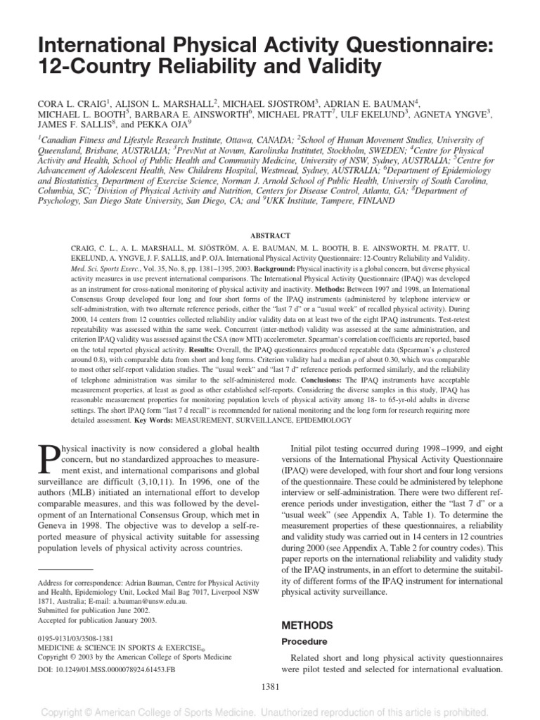 2003 Craig Et Al - International Physical Activity Questionnaire - 12 Country Reliability and ...