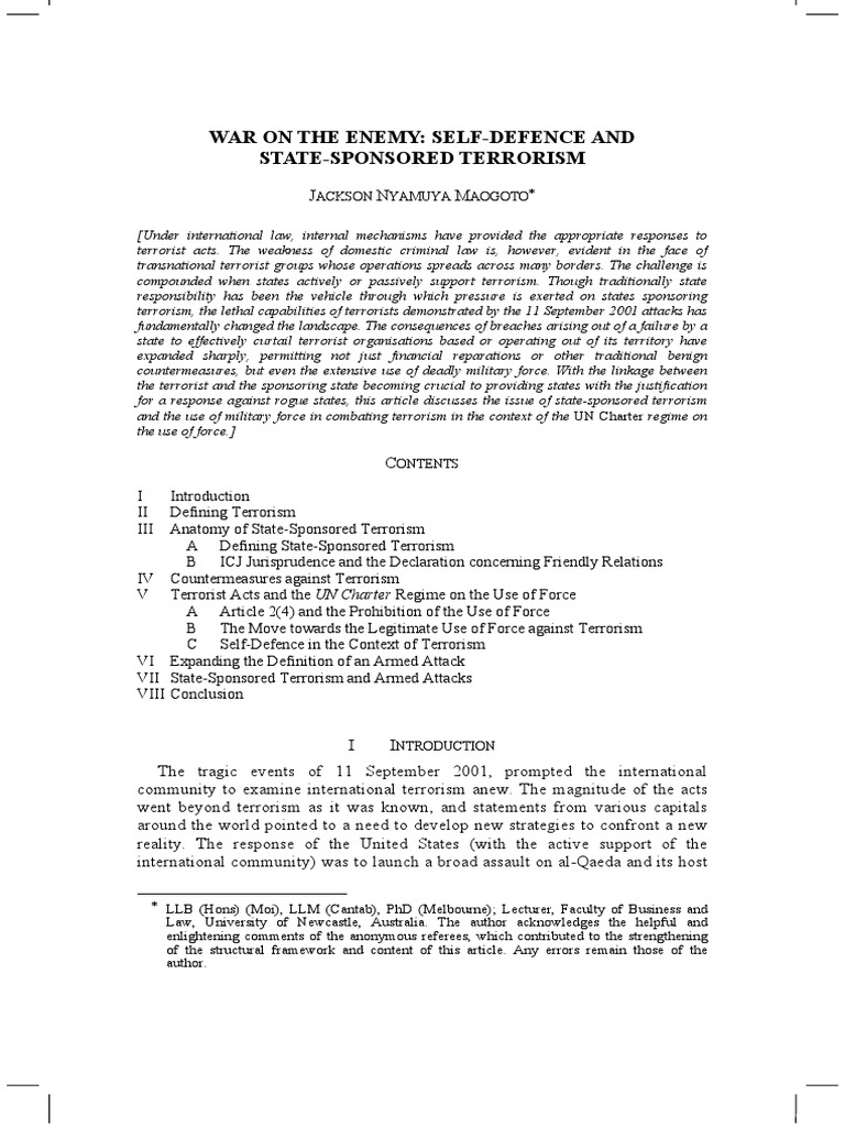 State-Sponsored Terrorism and Self-Defense | PDF | International Law ...