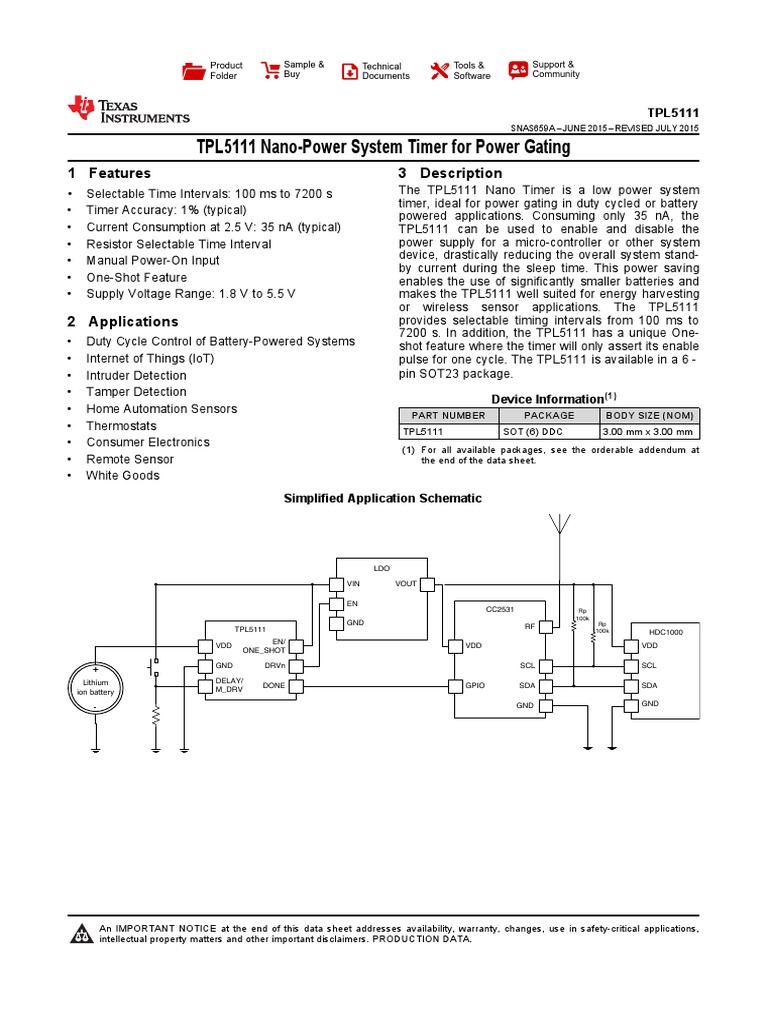 TPL5111 Nano-Power System Timer For Power Gating: 1 Features 3 Description | PDF | Electrostatic ...