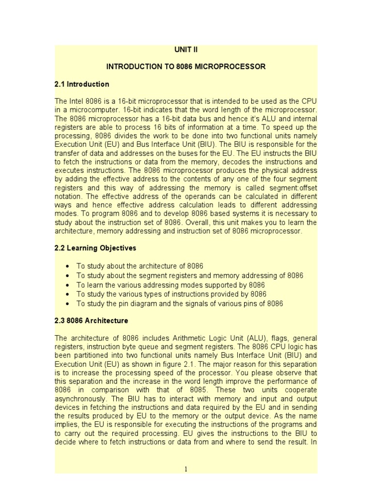Unit II Introduction To 8086 Microprocessor 8086 Architecture | PDF | Central Processing Unit ...