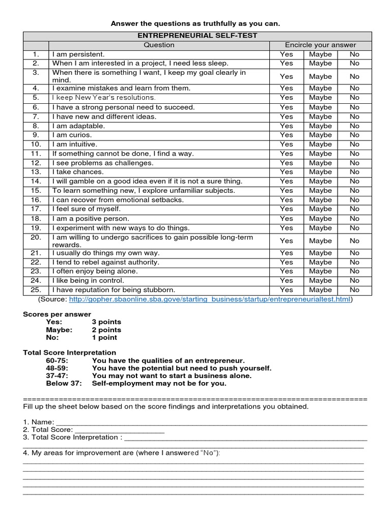 Assessing Entrepreneurial Tendencies: Results from a Self-Evaluation ...