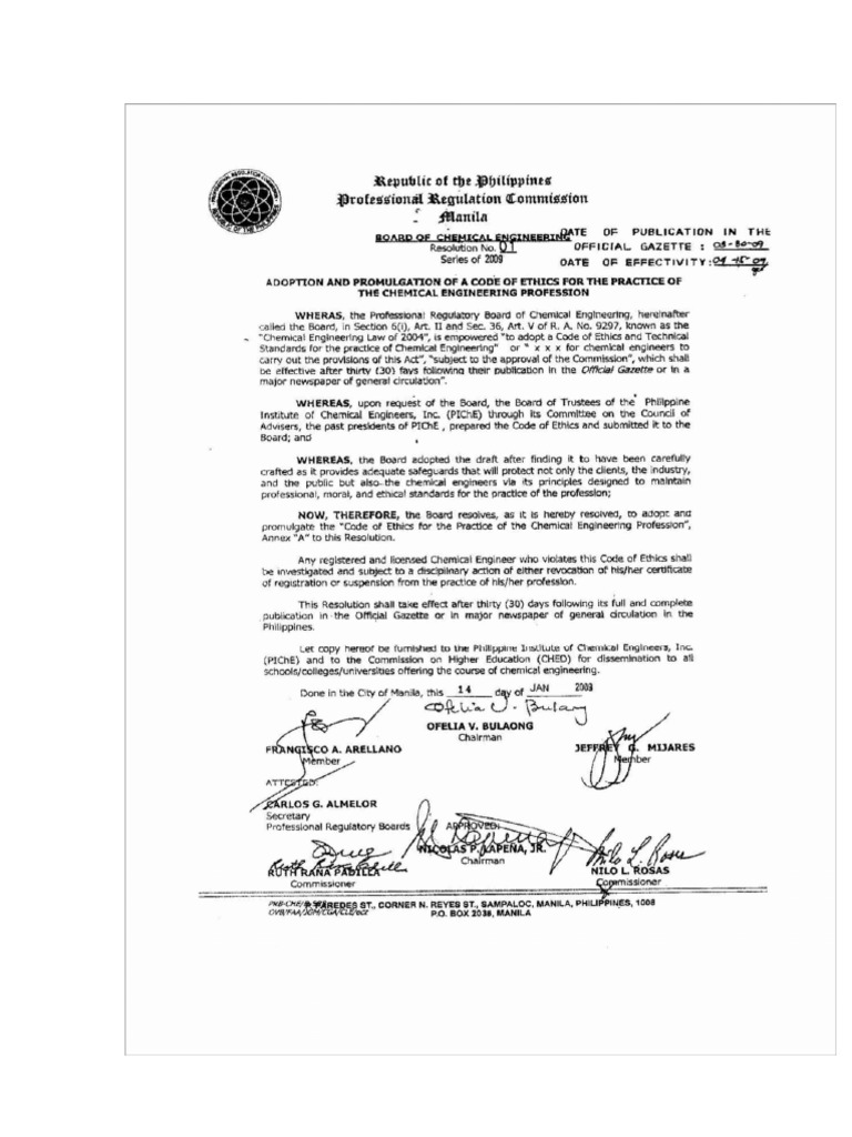 Code of Ethics For The Practice of Chemical Engineering 2009 PDF | PDF