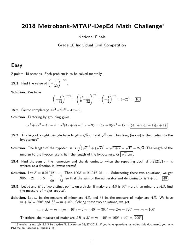 2018 Metrobank-MTAP-DepEd Math Challenge National Finals Grade 10 ...