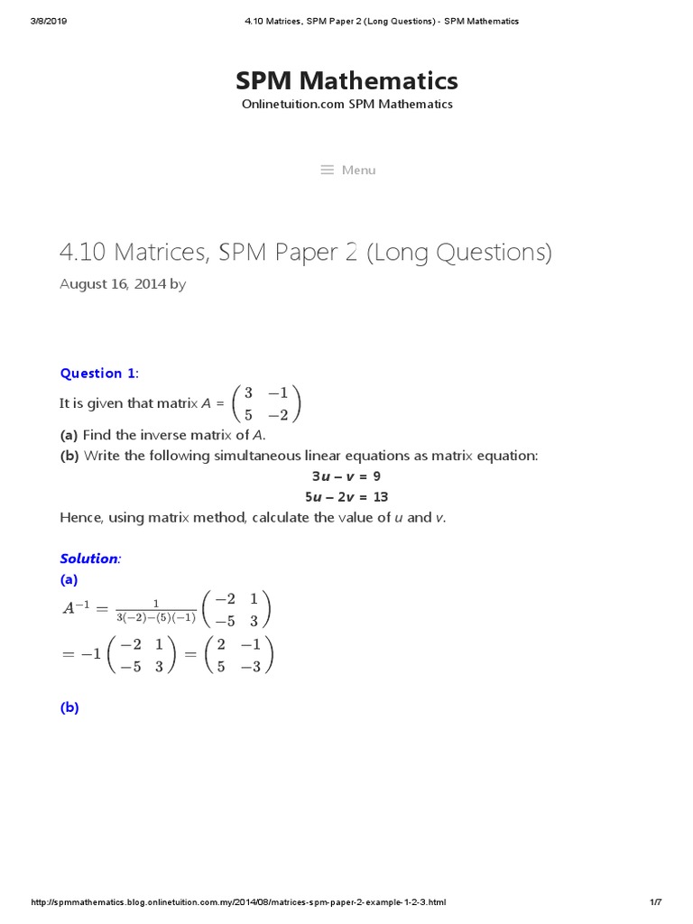 4.10 Matrices, SPM Paper 2 (Long Questions) - SPM Mathematics PDF | PDF ...