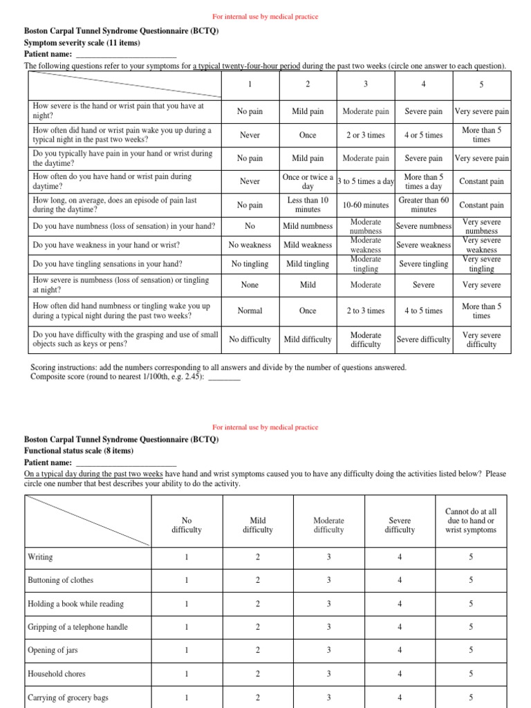 Boston Carpal Tunnel Syndrome Questionnaire BCTQ | PDF | Paresthesia ...