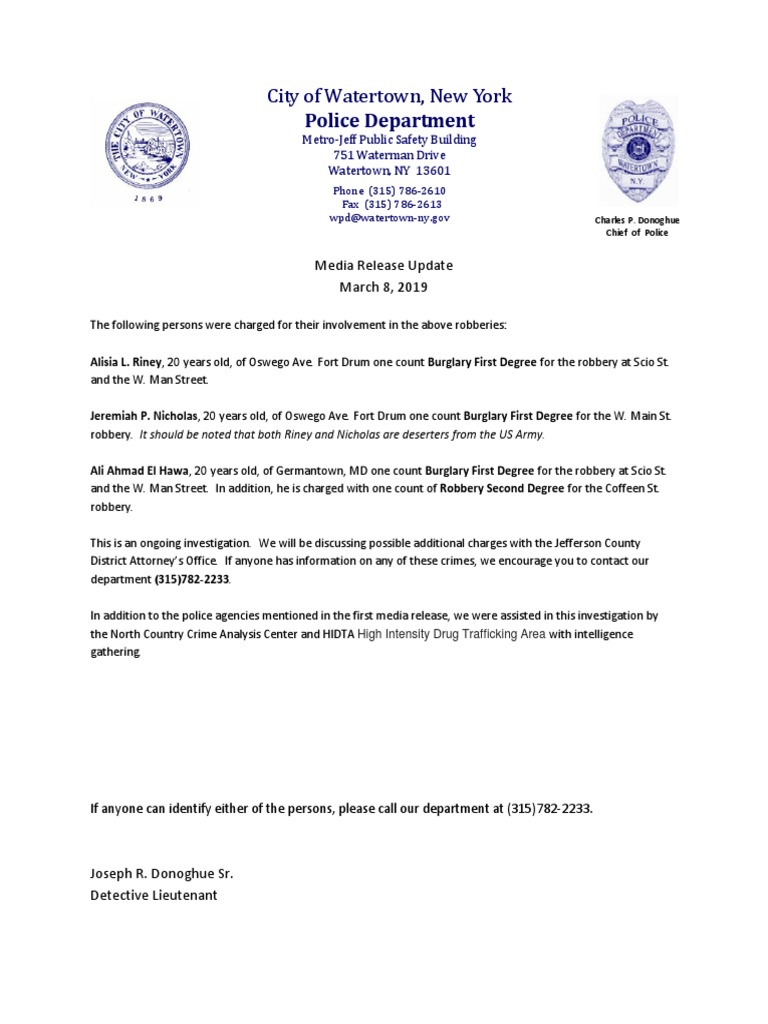 Watertown Police Department: Robbery Arrests | PDF | Social Science