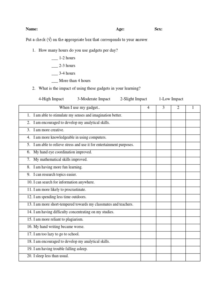 Assessing Student Gadget Usage and Perceived Impact on Learning | PDF