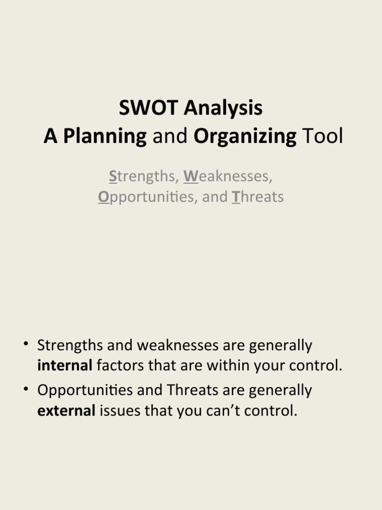 SWOT Analysis A Planning and Organizing Tool: Strengths, Weaknesses, Opportunities, and Threats ...