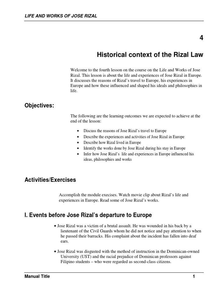 Jose Rizal's Life, Works and Studies in Europe (Part 1) | PDF ...