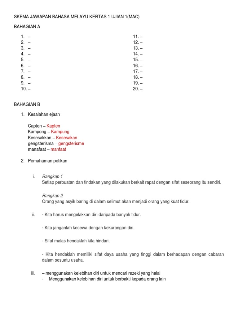 Skema Jawapan Bahasa Melayu Kertas 1 | PDF