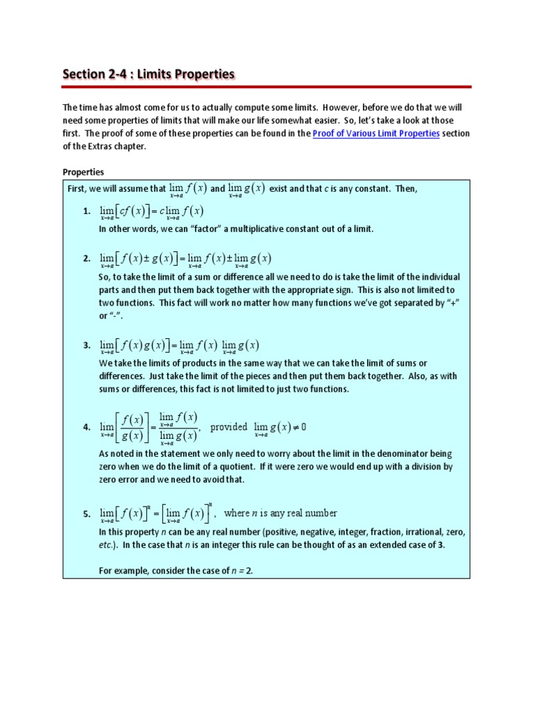 Section 2-4: Limits Properties: Lim Lim Lim Lim | PDF | Trigonometric ...