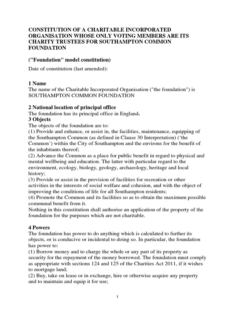 Constitution Of A Charitable Incorporated Organisation Whose Only ...