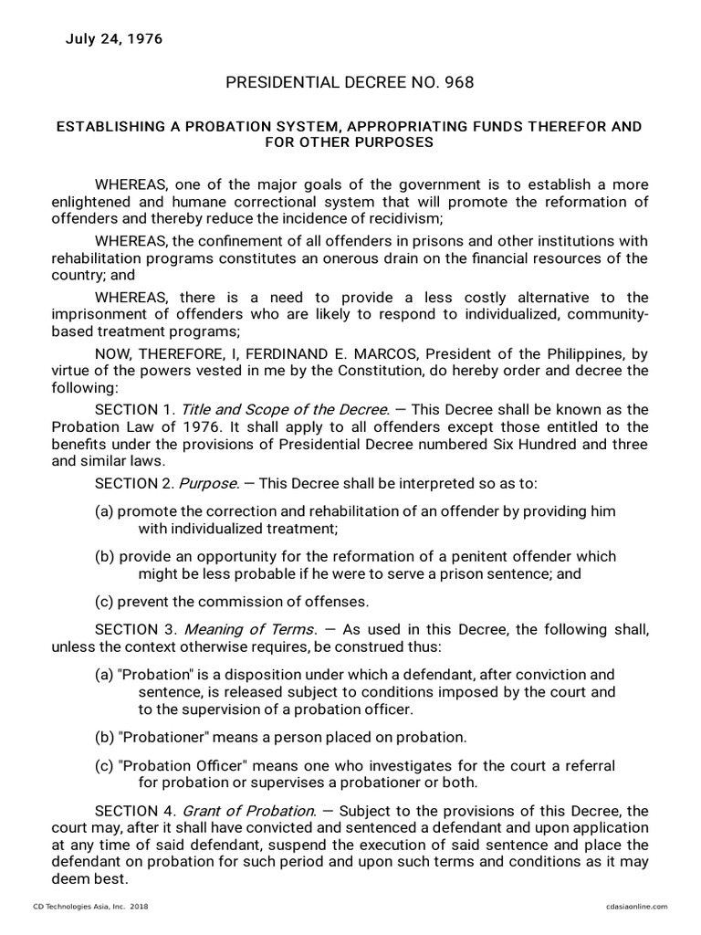 PD 968 Probation Law of 1976 | PDF | Probation | Bail