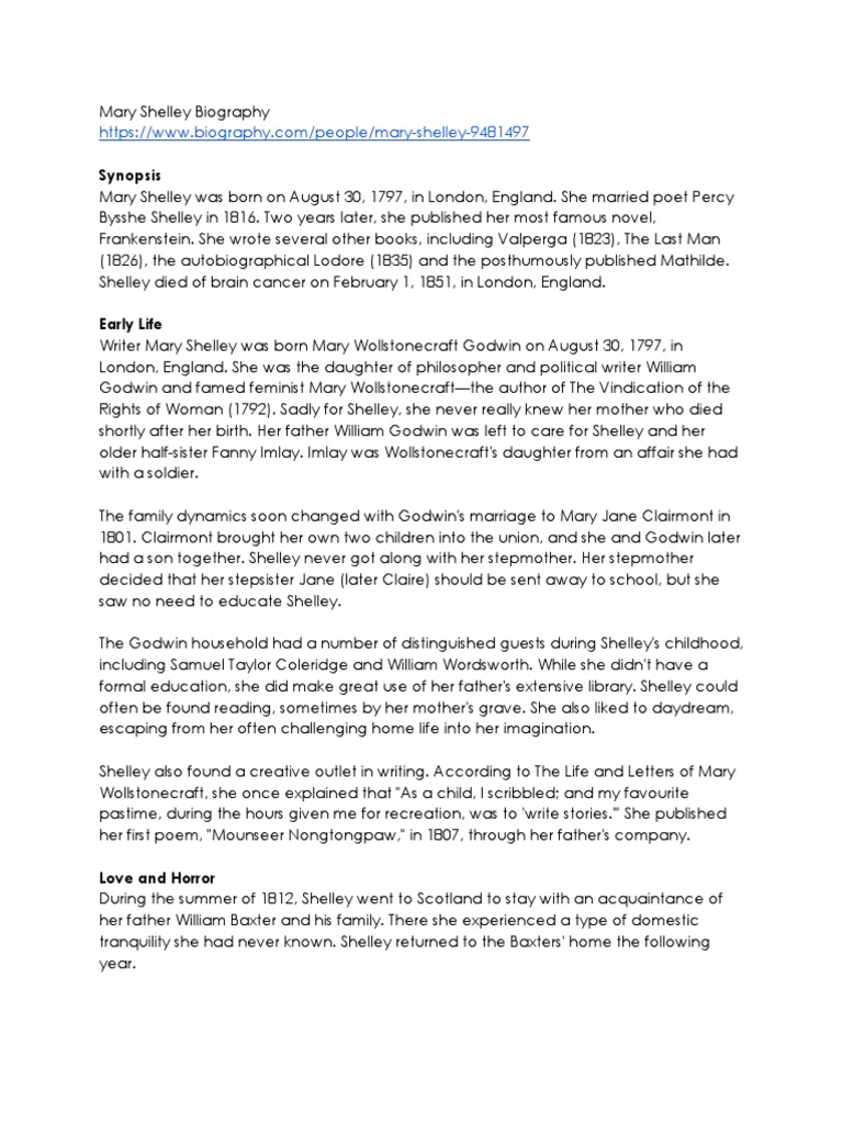 Mary Shelley Biography | PDF | Mary Shelley