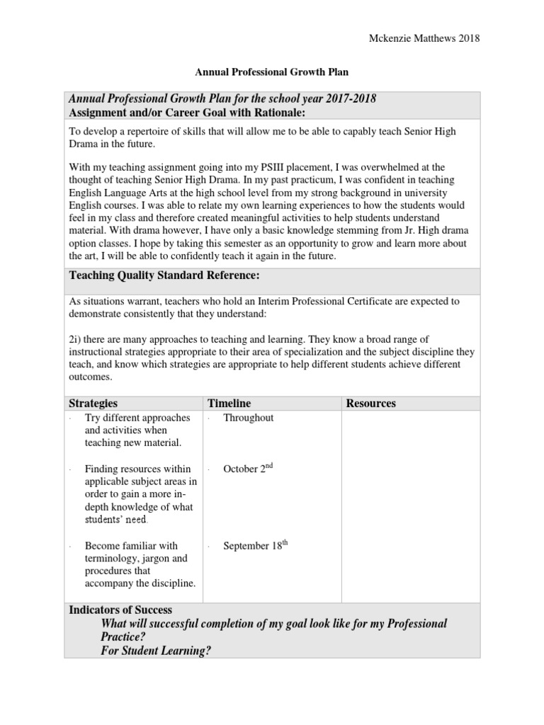 Annual Professional Growth Plan For The School Year 2017-2018 | PDF ...