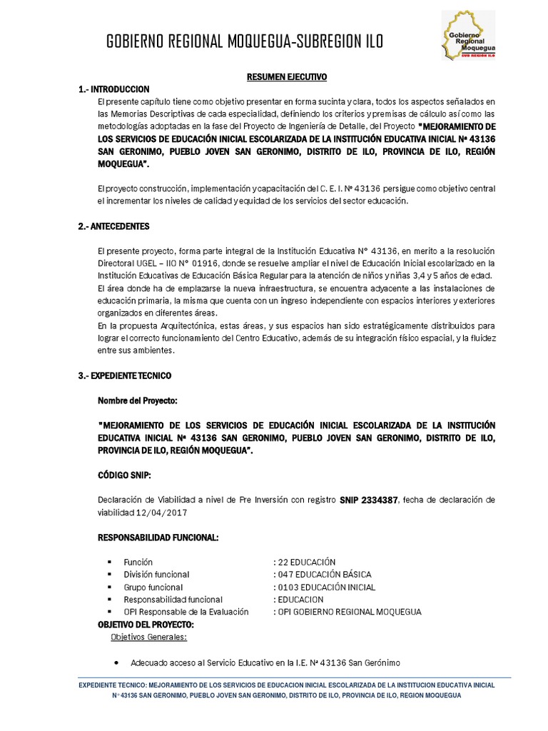 Resumen Ejecutivo General - San Geronimo | PDF | Educación de la primera infancia | Educación ...