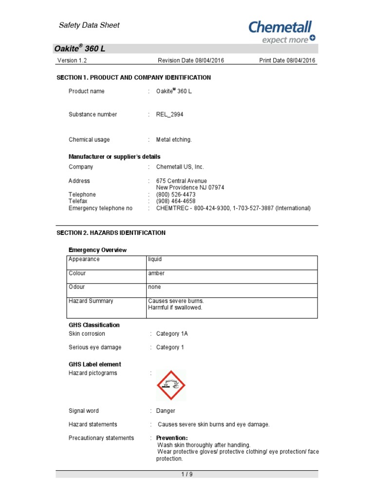 Sds Oakite-360l | PDF | Toxicity | Personal Protective Equipment