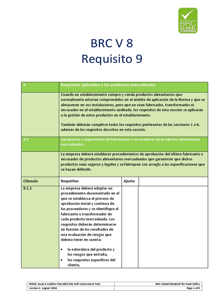 Requisito 9 BRC V8 | PDF | Análisis de Riesgo y Puntos Críticos de Control | Contralor