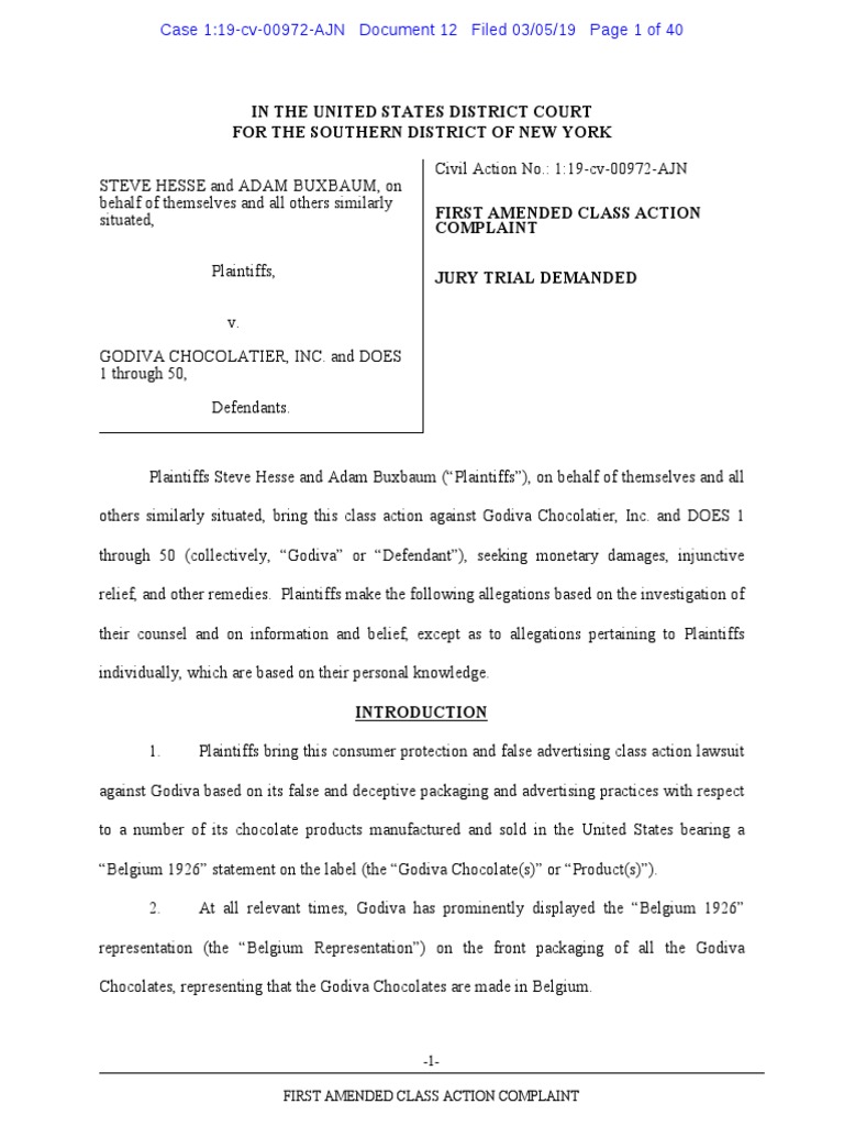 Class Action: Steven Hesse and Adam Buxbaum vs. Godiva Chocolatier ...