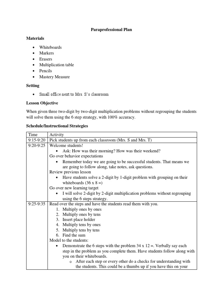 Paraprofessional Plan | PDF | Educational Psychology | Cognition