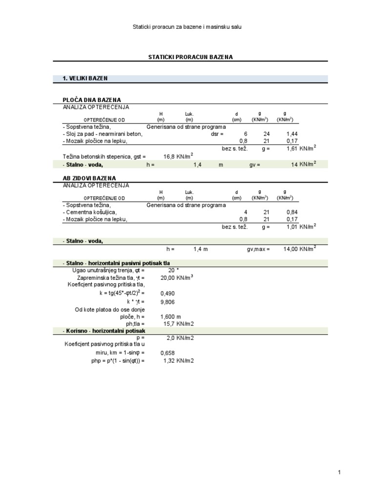 Staticki Proracun Za Bazene I Masinsku Salu PDF | PDF
