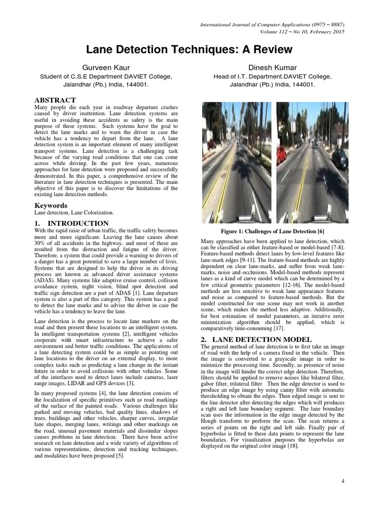 Lane Detection Techniques: A Review: Gurveen Kaur Dinesh Kumar | PDF | Road | Filter (Signal ...