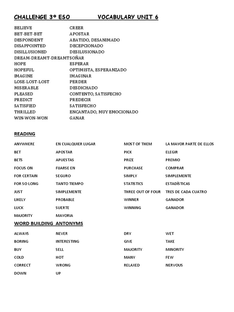 Vocabulario y Ejercicios 3º ESO | PDF | Ocio
