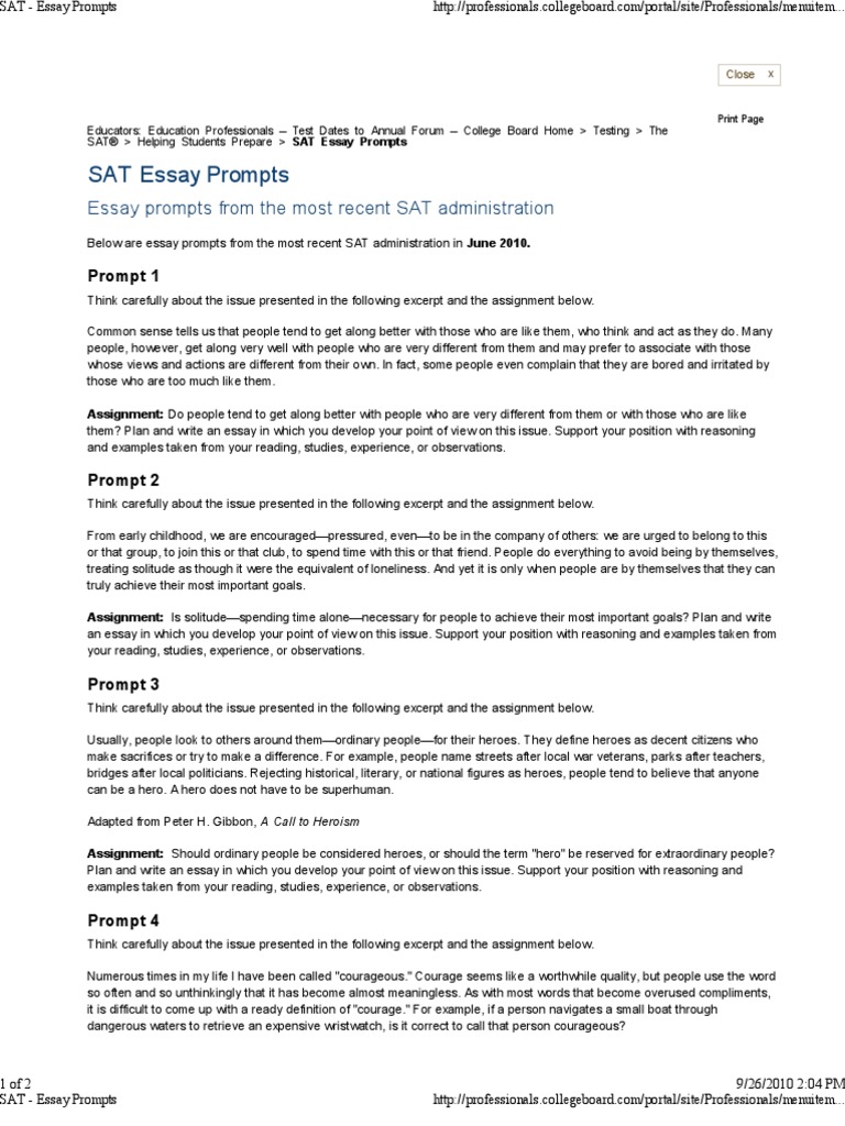 SAT - Essay Prompts June 2010 | Download Free PDF | Sat | Hero