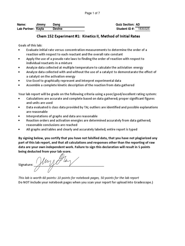 UW Chem 152 Lab 1 | PDF | Reaction Rate | Activation Energy
