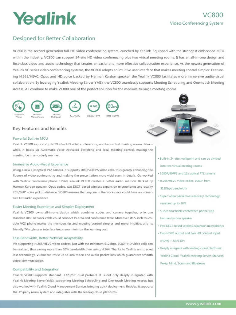 Yealink VC800 Video Conferencing System Datasheet | PDF ...