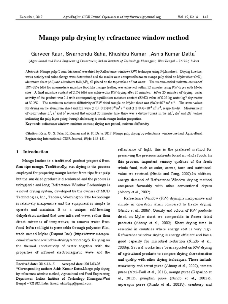 Mango Pulp Drying by Refractance Window | PDF | Freeze Drying | Temperature