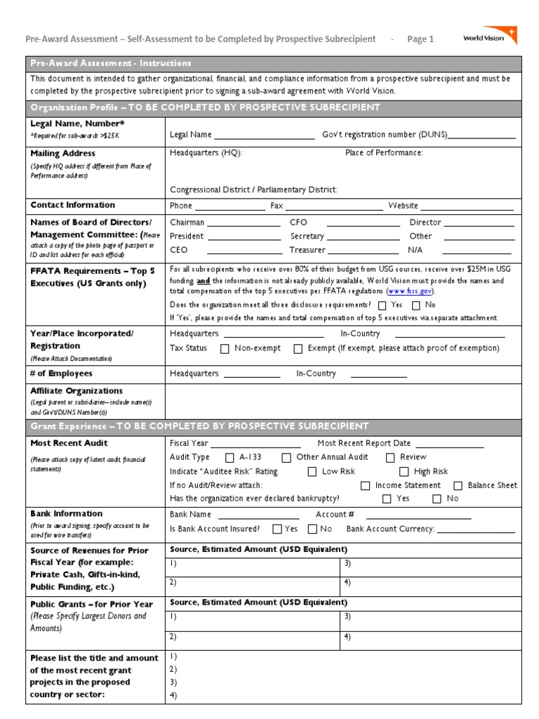 Pre-Award Assessment - Self-Assessment To Be Completed by Prospective ...