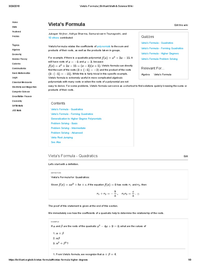 Vieta Formula | PDF | Quadratic Equation | Polynomial