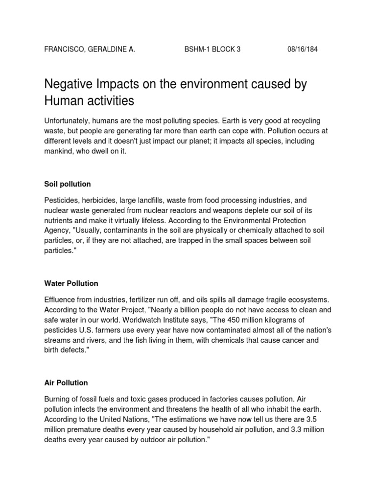 Negative Impacts On The Environment Caused by Human Activities | PDF