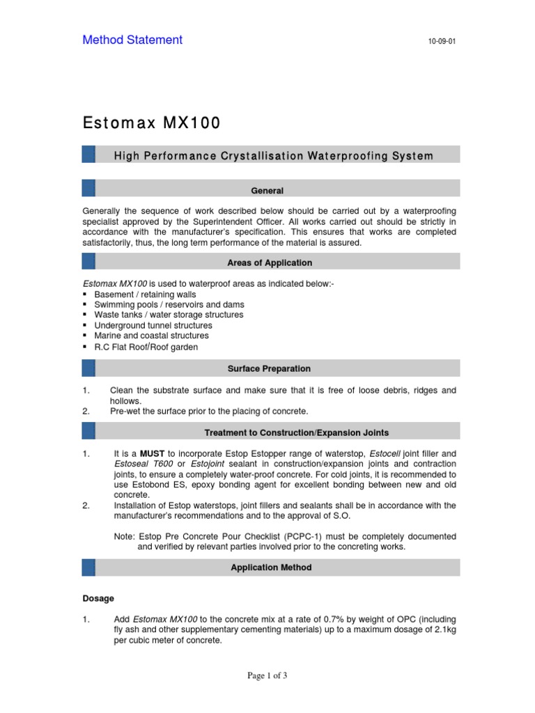 Estomax MX100 Method Statement | PDF | Building Technology | Concrete