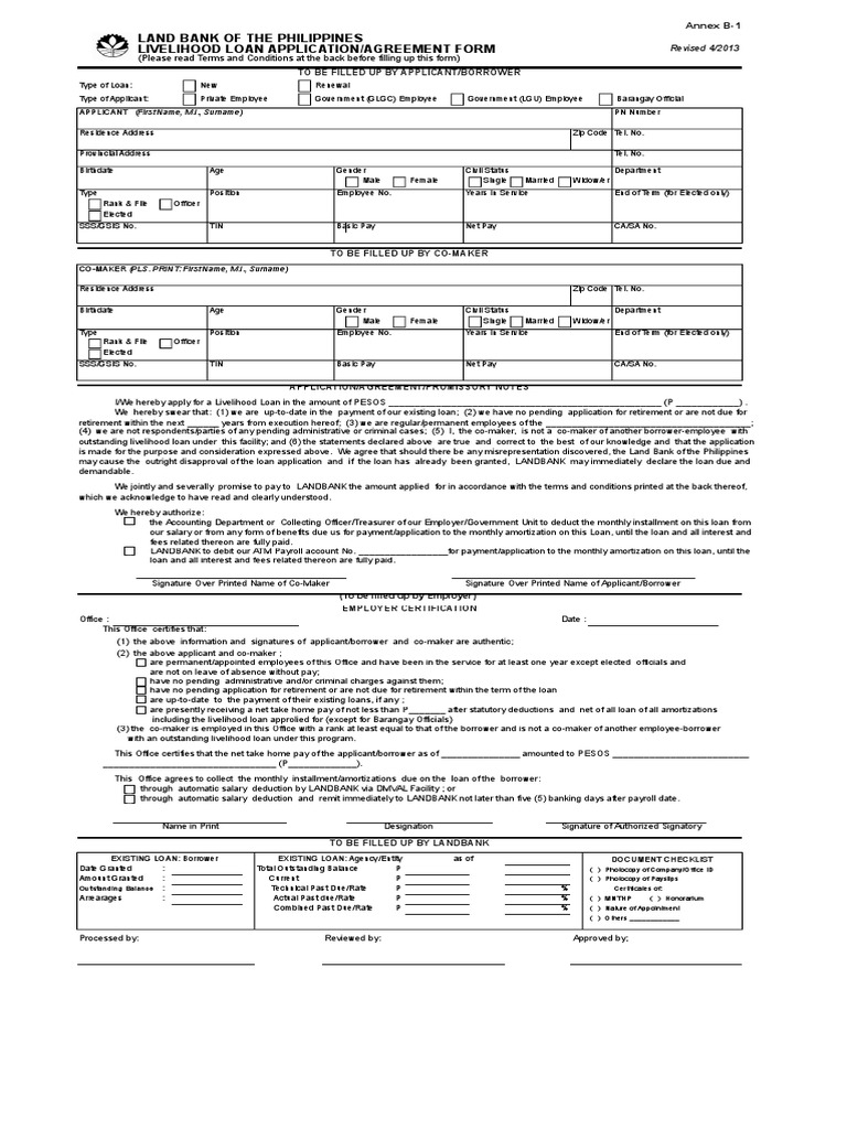 Land Bank of The Philippines Livelihood Loan Application/Agreement Form ...