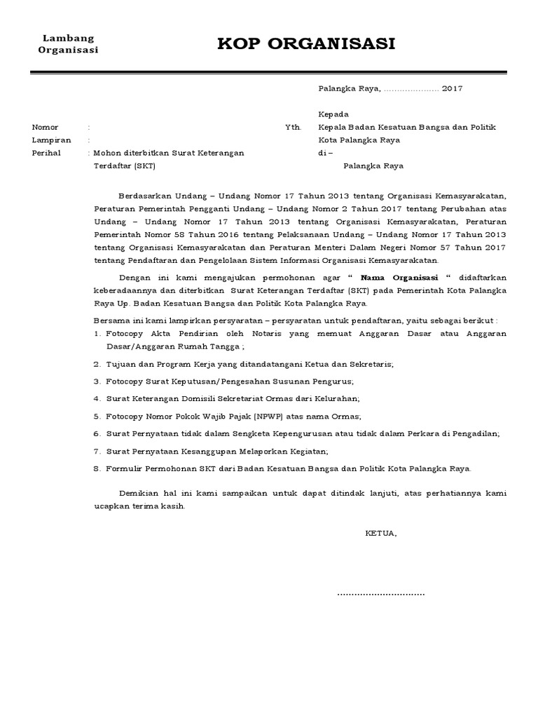 Permohonan SKT Ormas Palangka Raya | PDF