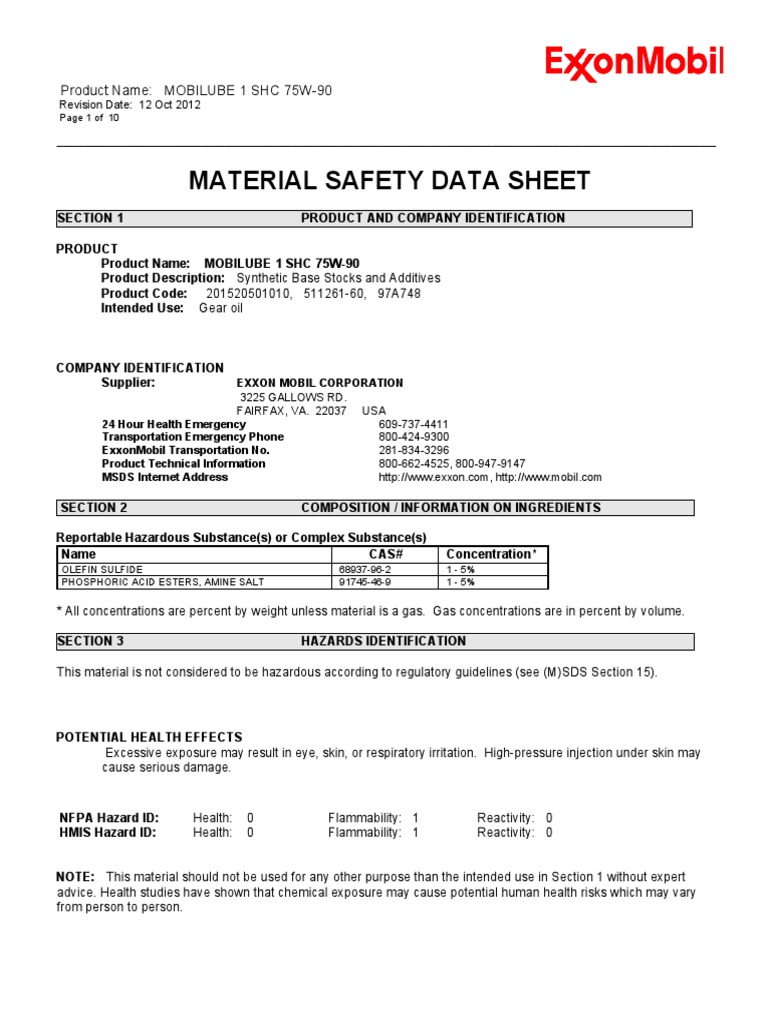 Material Safety Data Sheet: Product Name: MOBILUBE 1 SHC 75W-90 | PDF ...