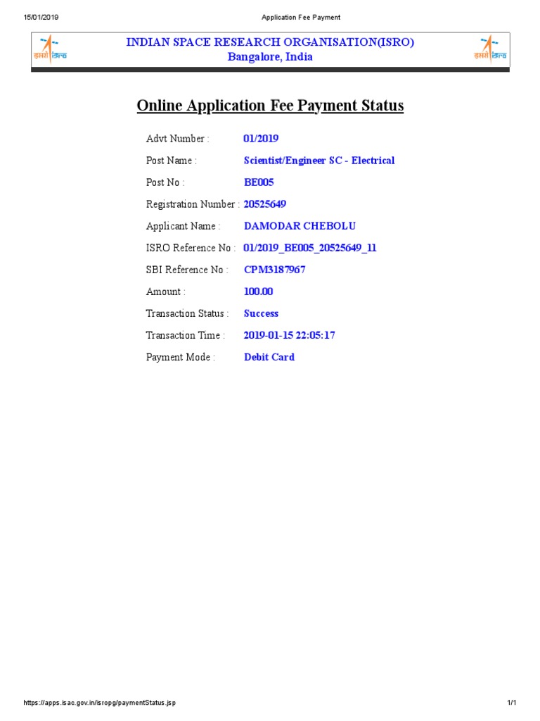 Online Application Fee Payment Status: Indian Space Research Organisation (Isro) Bangalore ...
