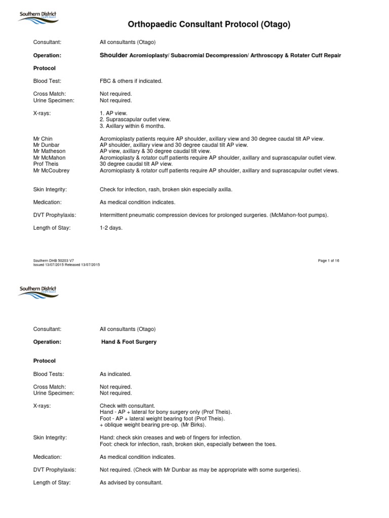 Orthopaedic Consultant Protocol (Otago) : Shoulder | PDF | Surgery ...